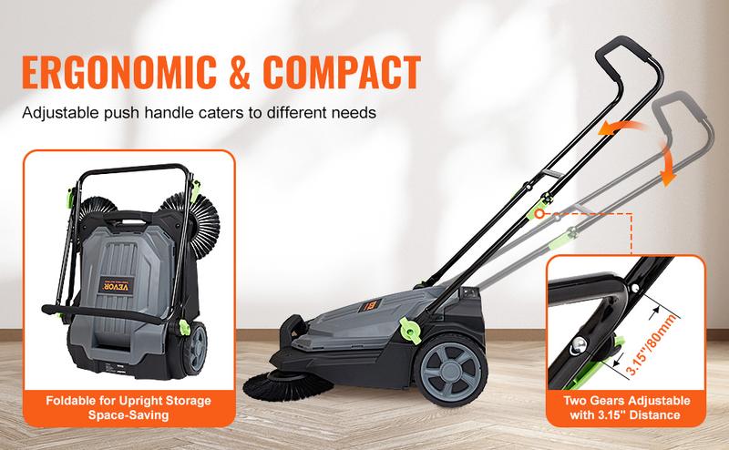 VEVOR Walk-behind Hand Push Floor Sweeper, 25.6" Sweeping Width Floor ...