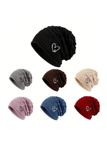 Women's Heart Claw Print Knit Beanie, Elastic Winter Warm Hat ...