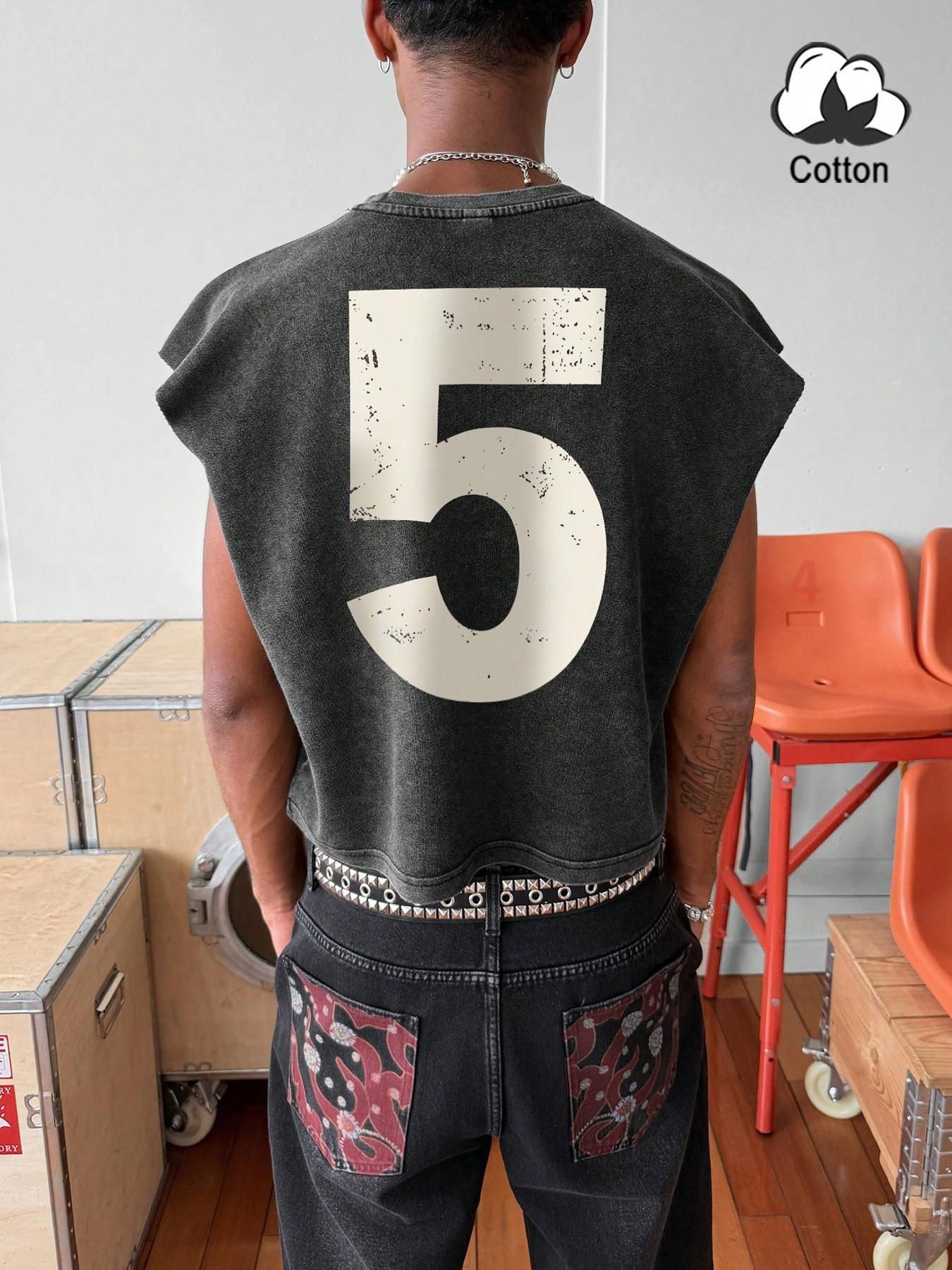 Men's Black Crew Neck Sleeveless Tank Top, Vintage Washed Number 5 ...