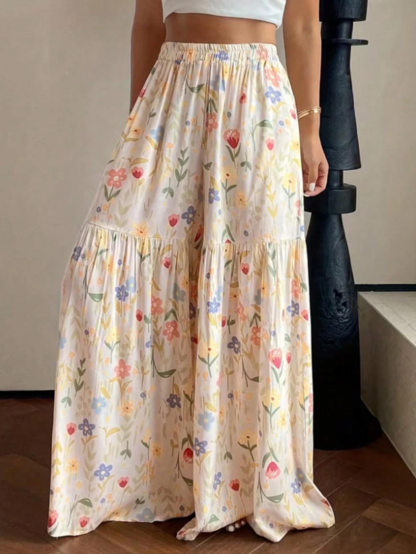 Women's Floral Wide Leg Pants, Loose Fit Flowy Long Trousers, Fashion ...