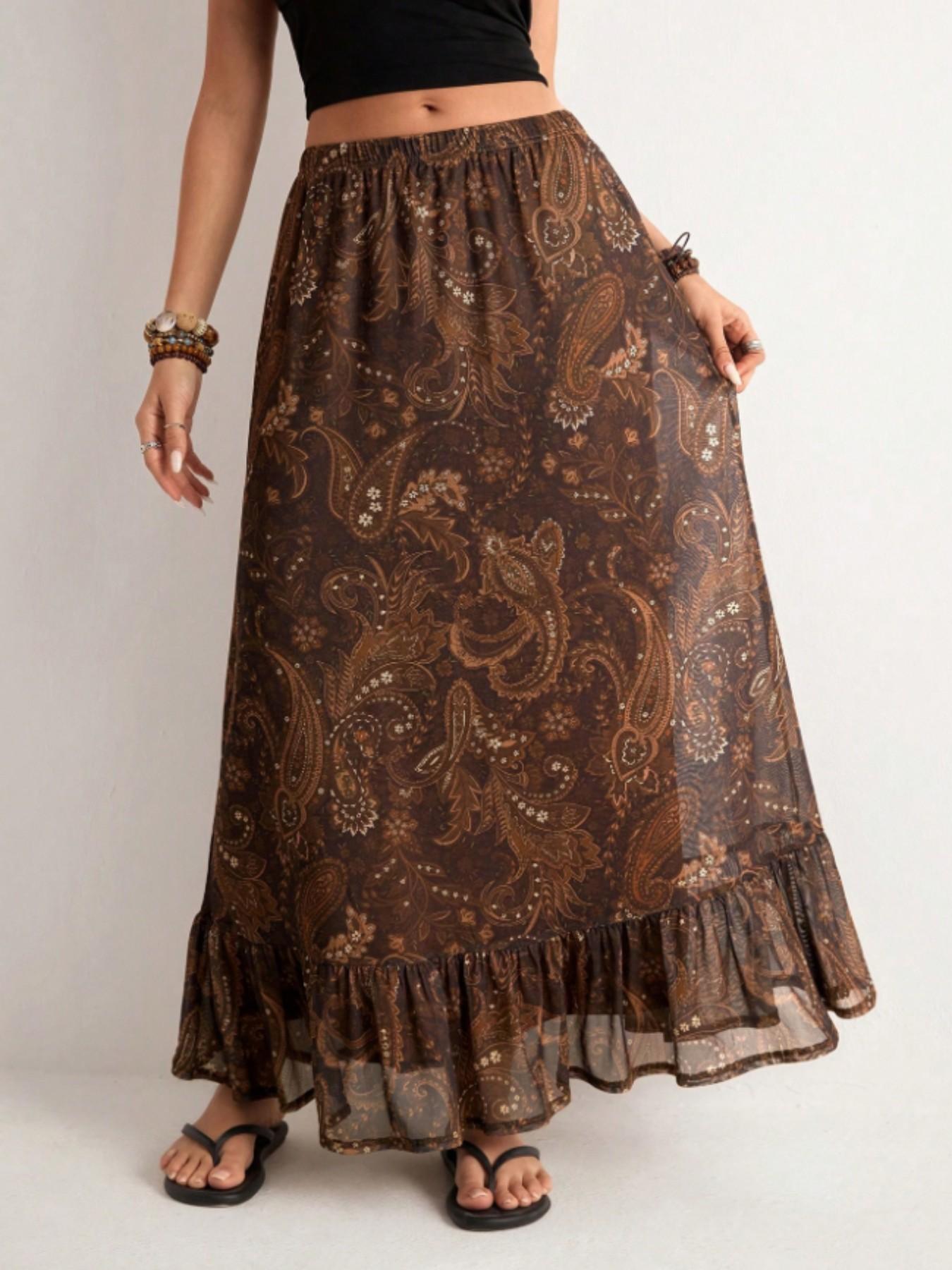Boho High Waist Flowy Midi Maxi Skirt, Dual Layer Vintage Paisley ...