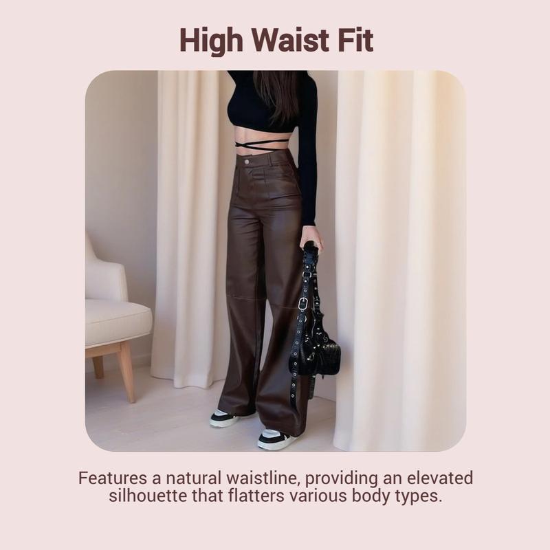 Y2K Style PU Leather Loose Fit Trousers, High-Waisted Plain Design for ...
