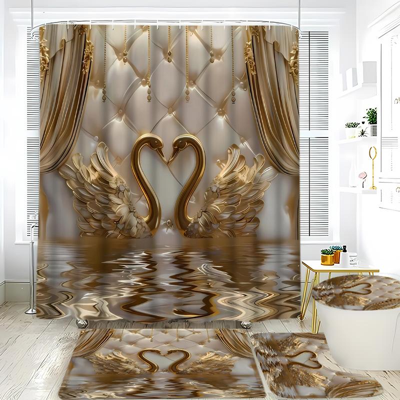 Elegant Swan Design Shower Curtain Set, Includes Bath Mat Toilet Lid ...