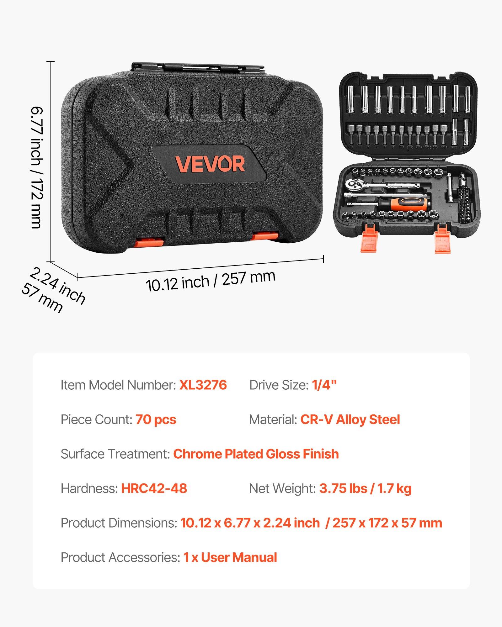 VEVOR Socket Set, 70 Pieces, 1/4 inch Drive Socket and Ratchet Set, SAE ...