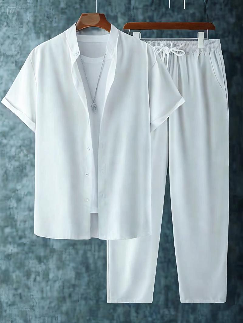 KZZ Men's Pink Loose Thin Solid Print Shirt & Drawstring Pocket Pants ...