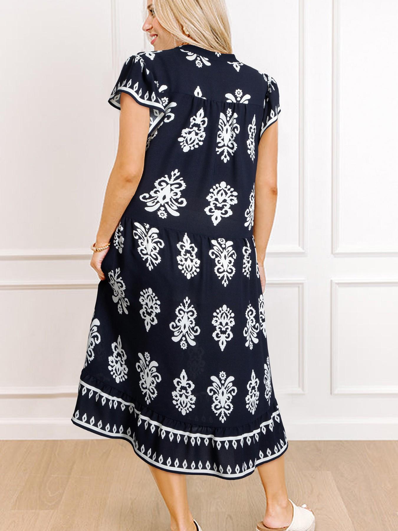 Summer Western Ethnic Print Lapel Short Sleeve Midi Dress, Casual Loose ...
