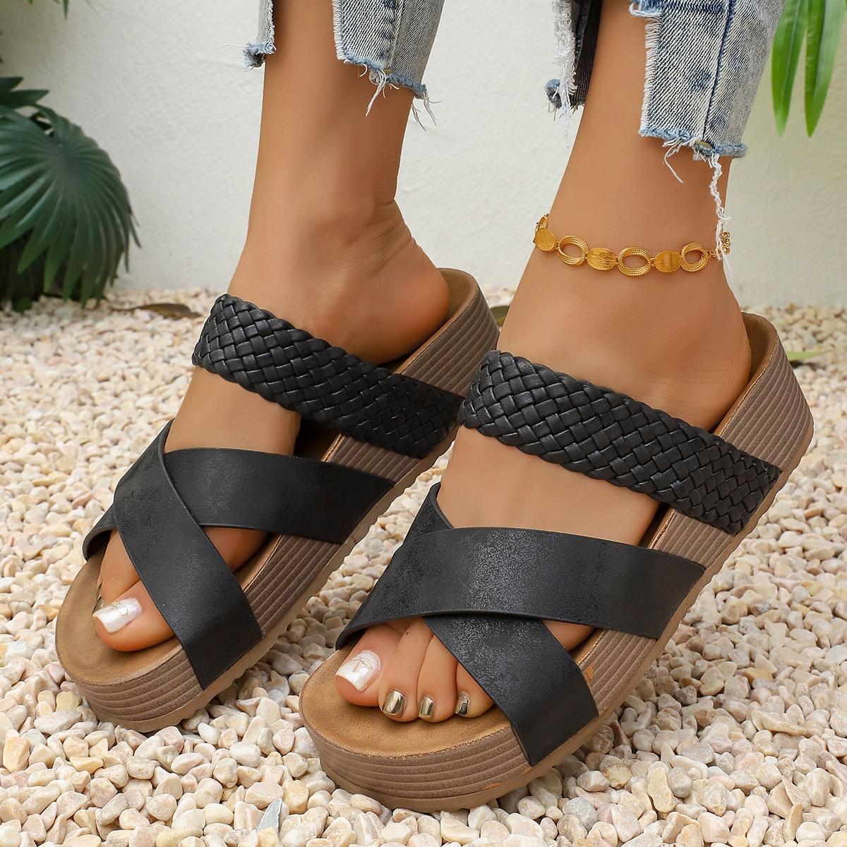 Women's Cross Strap Platform Slide Sandals, Woven Band Open Toe Wedge ...