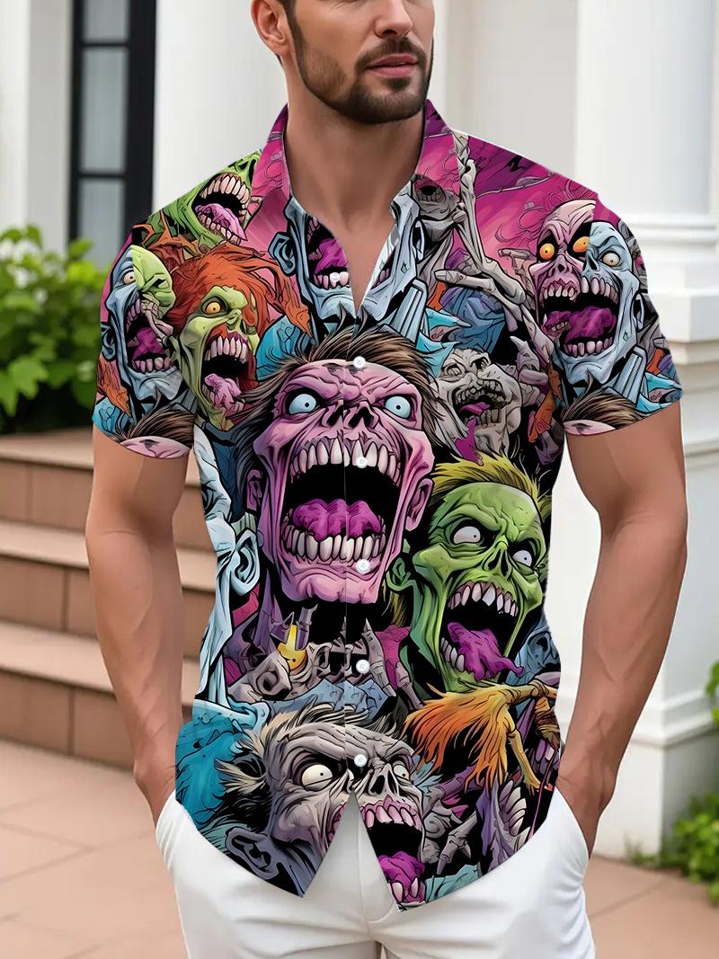 Hawaiian Horror Skull 3D Print Men's Casual Short Sleeve Lapel Shirt ...