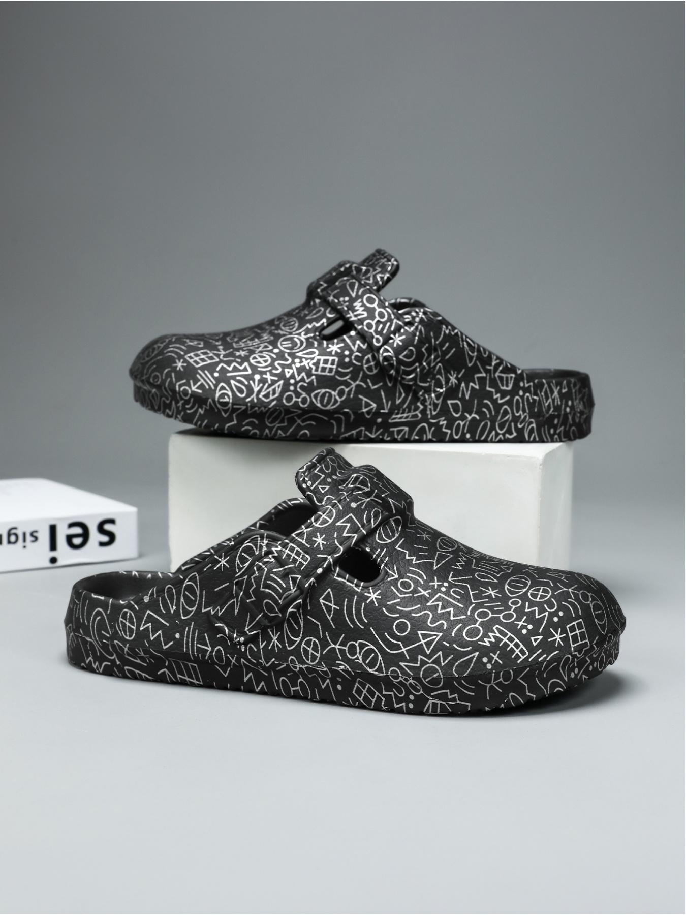 Unisex Black Graffiti Toe-Cap Closed Toe Clogs: Thick-Soled Dual-Wear ...