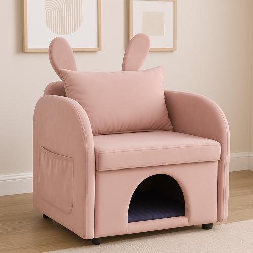 【Bellemave】Velvet Pink Bunny-Ear Pet-Friendly Armchair with Built-in ...