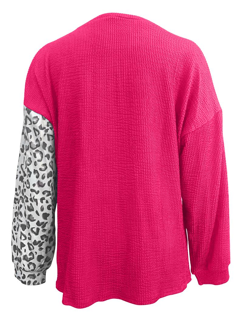 A women's color-block round-neck leopard print knitted long-sleeved T ...