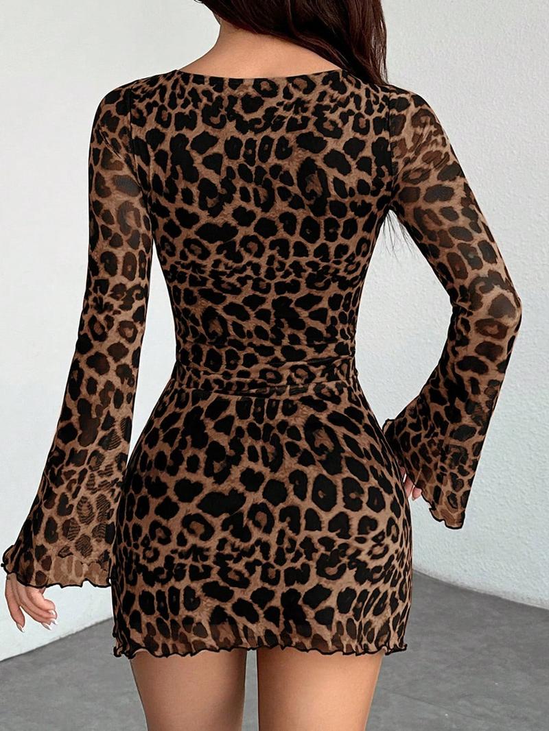 Aliling Women's Leopard Print Patchwork Dress, Round Neck Long Sleeve ...