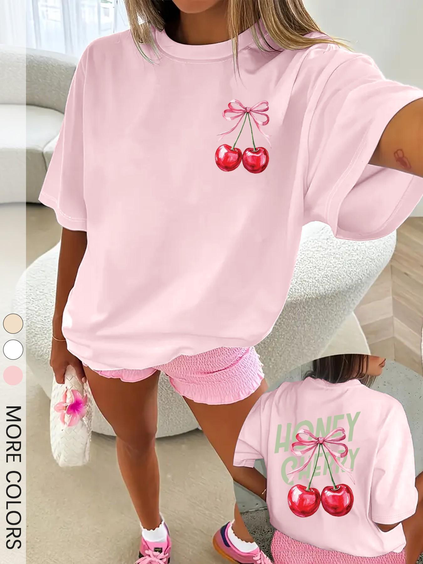 Women's Cherry Print Crew Neck Tee, Casual Short Sleeve T-shirt for ...