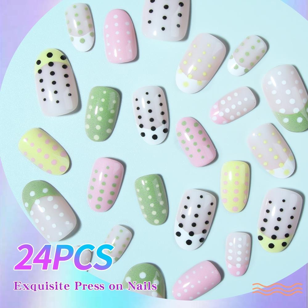 24pcs Short Oval Polka Dot French Press-On Nails - TikTok Shop