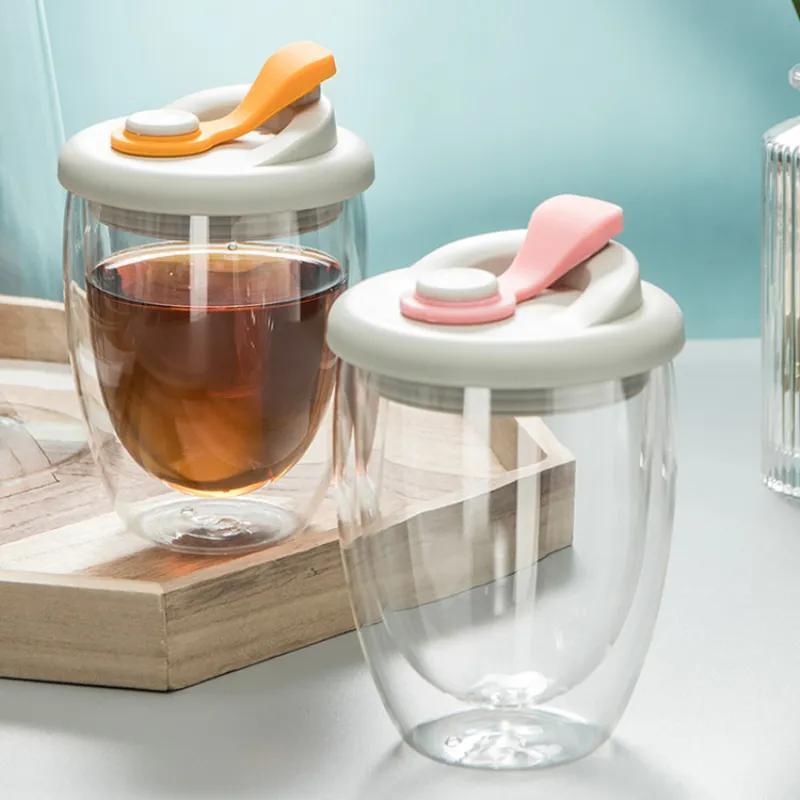 Glass Cup Double Wall With Leak-Proof Lid Transparent Insulated Coffee ...