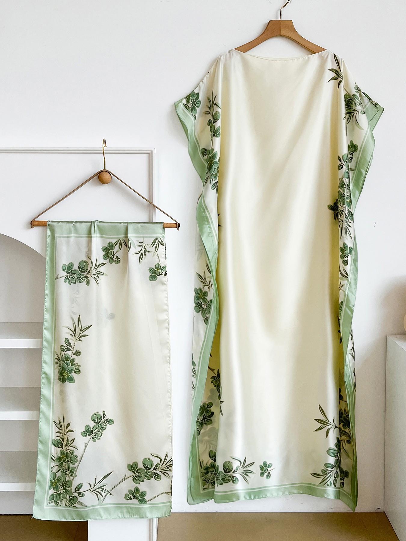 Women's Elegant Chic Silk Plant Print Floral Dress Set, Long Robe Shawl ...