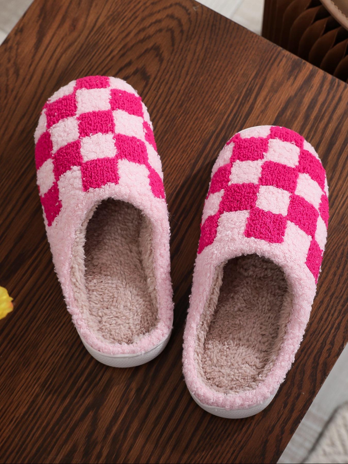 Women's Plaid Soft Plush Slippers, Creative Embroidered Vintage Simple ...