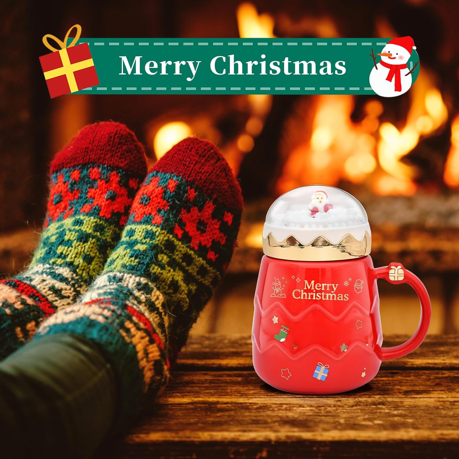 17.6 oz Christmas Mug with Winter Snow Globes Lid Decorations, Large ...