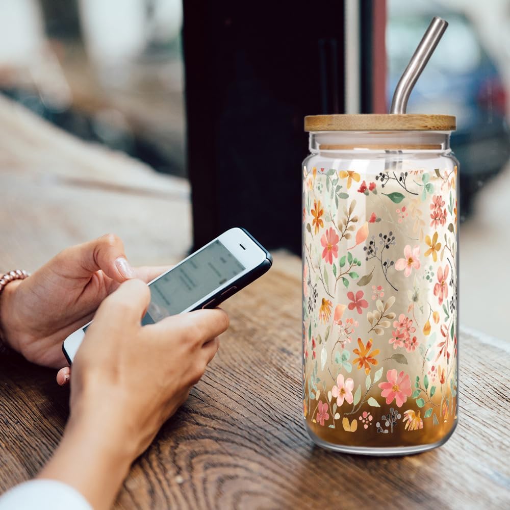 Floral Iced Glass Cups with and Straws 16oz Wildflower Coffee Cup for ...