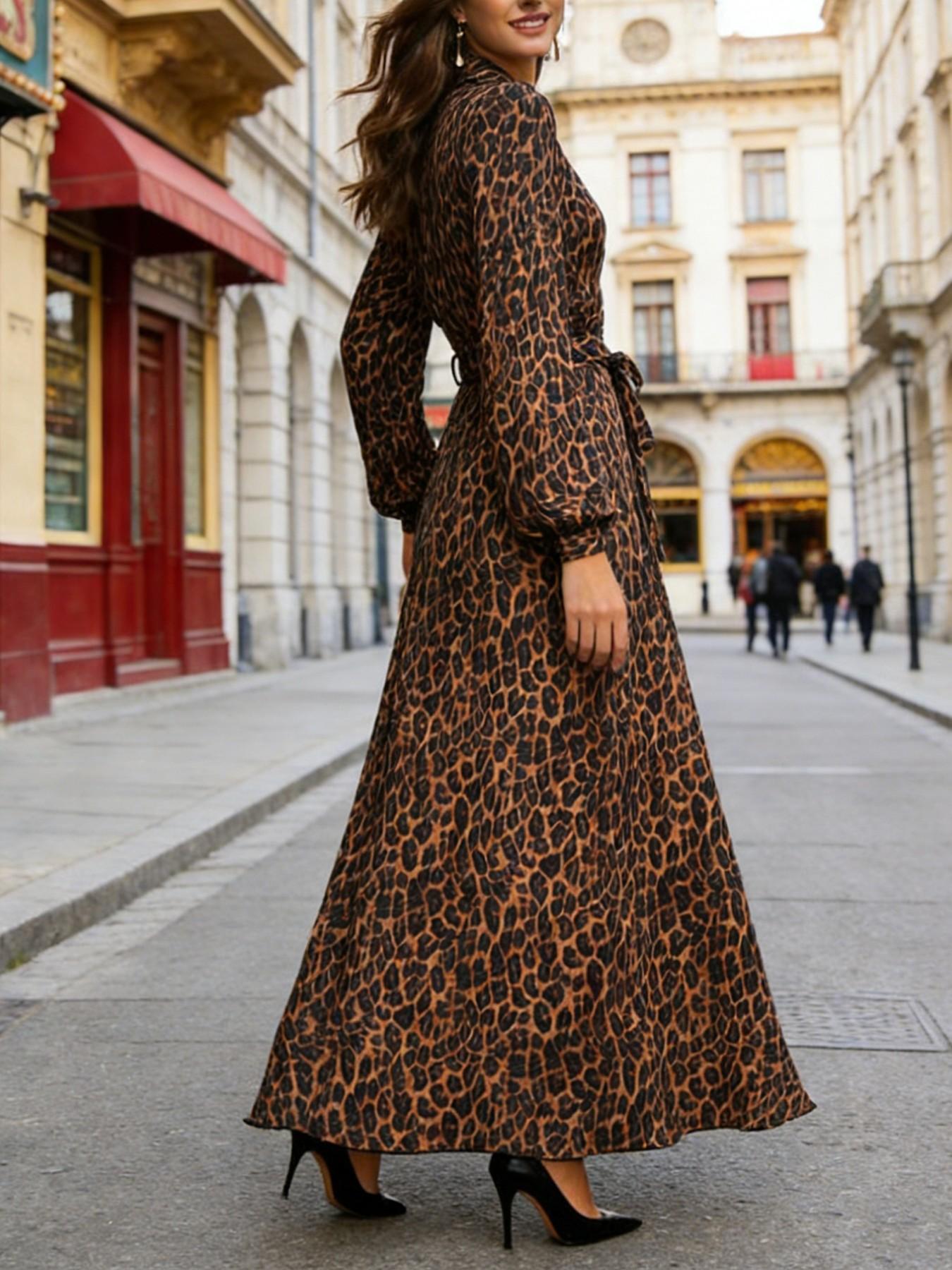 Women's Leopard Print Dress, V-Neck Long Sleeve Formal Party Gown ...