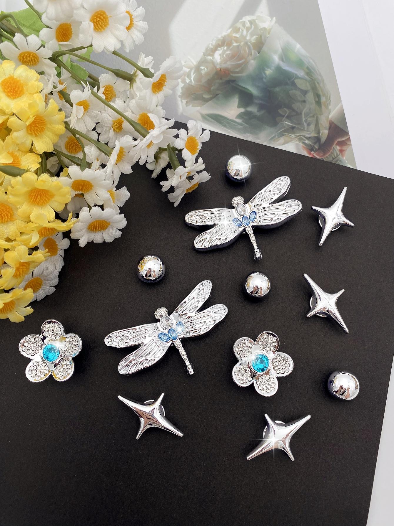12pcs Silver Color Rhinestone Dragonfly Flower Star Abs Pearl DIY Bling ...