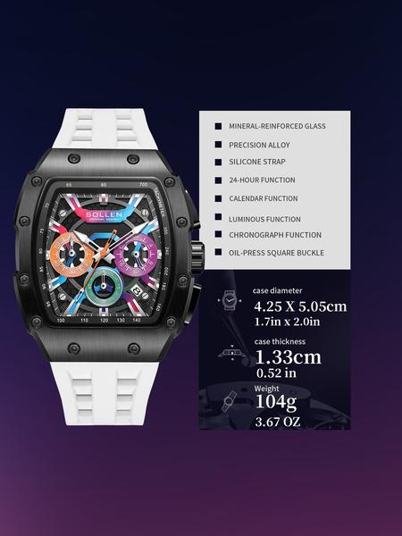 SOLLEN Men's Rainbow Tonneau Watch - Multifunction Day/Date & 24H ...