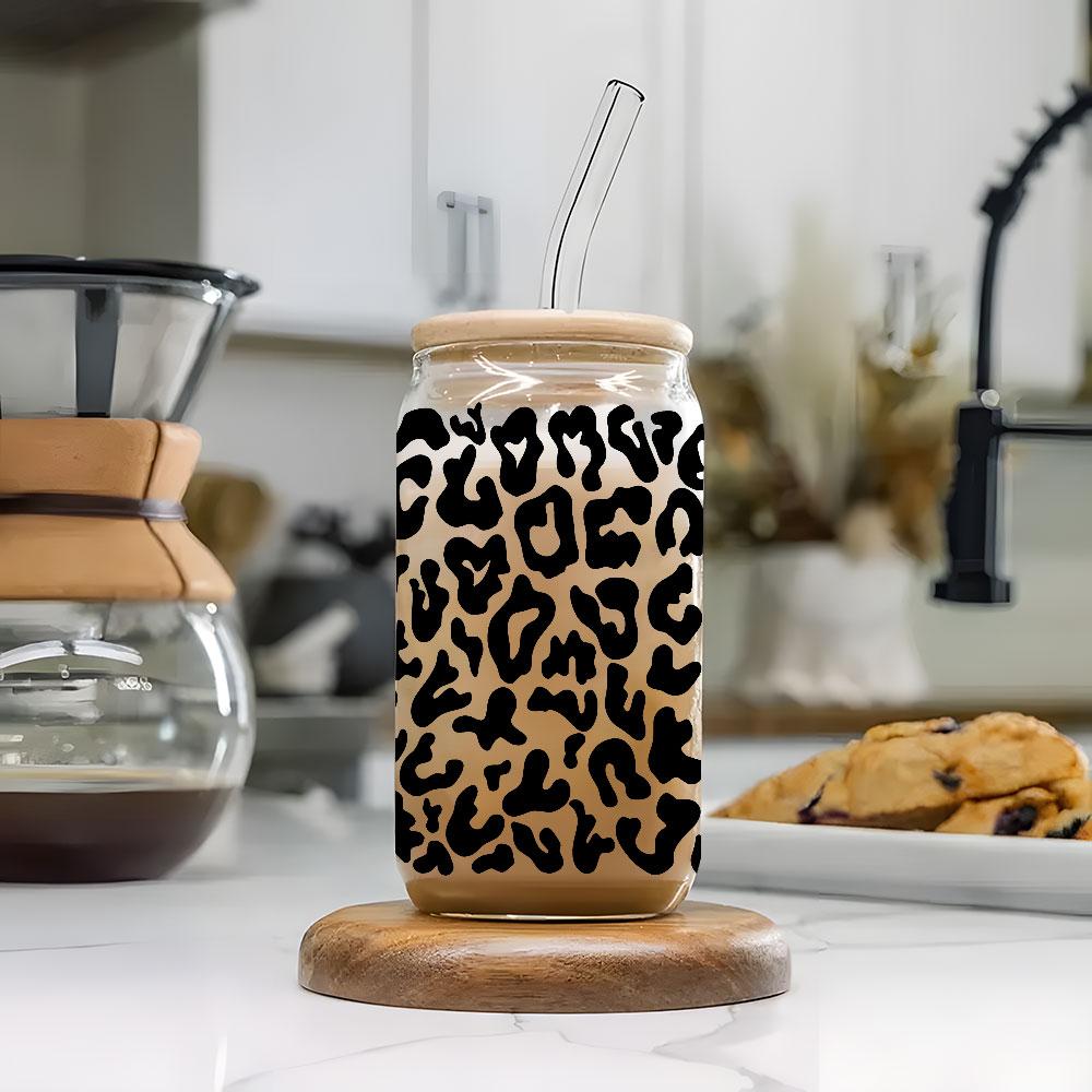 Leopard Print 16oz covered straw glass drinking cup, reusable glass ...
