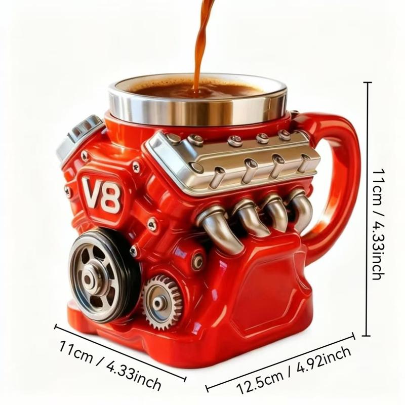 V8 Engine Stainless Steel Coffee Cup, 3D Mechanical Design Dual Layer ...