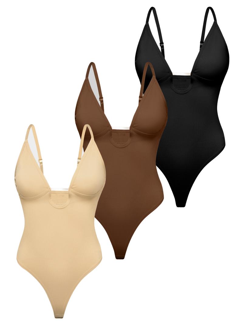 Women's Solid V Neck Seamless Shapewear Bodysuit, Tummy Control Butt ...