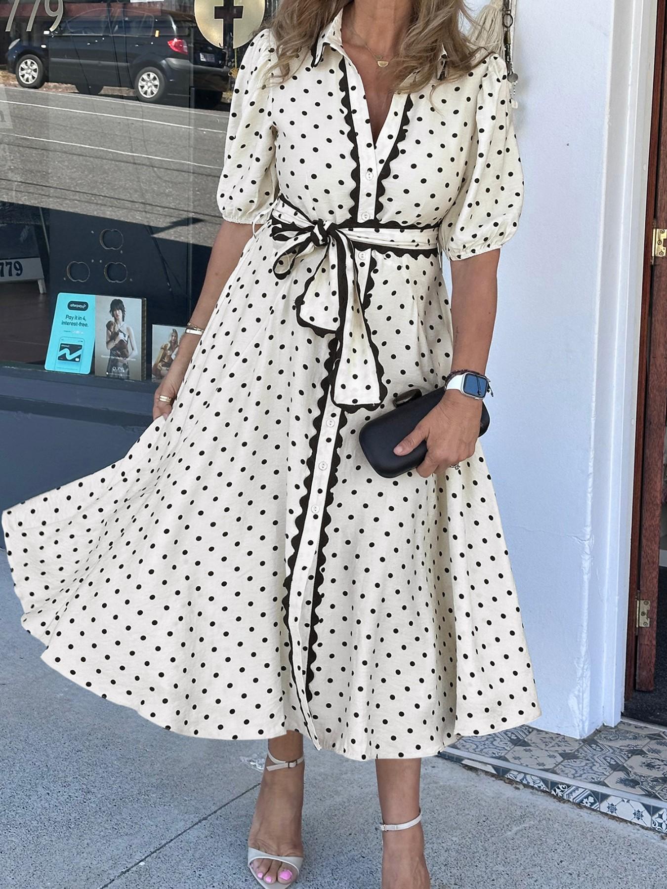 Summer Casual Polka Dot Print Color Block Wave Hem Lapel Tie Waist Long ...