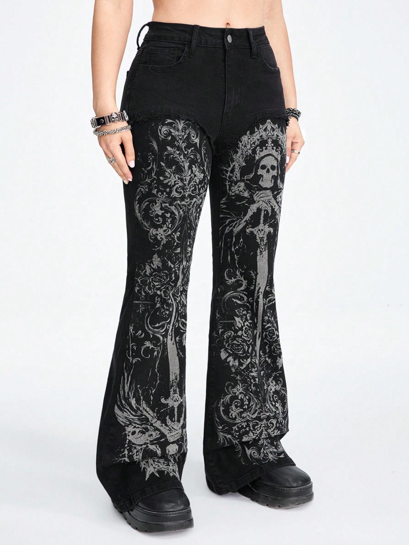 Women's Gothic Skull Print Flared Pants, Halloween Exclusive, Casual ...