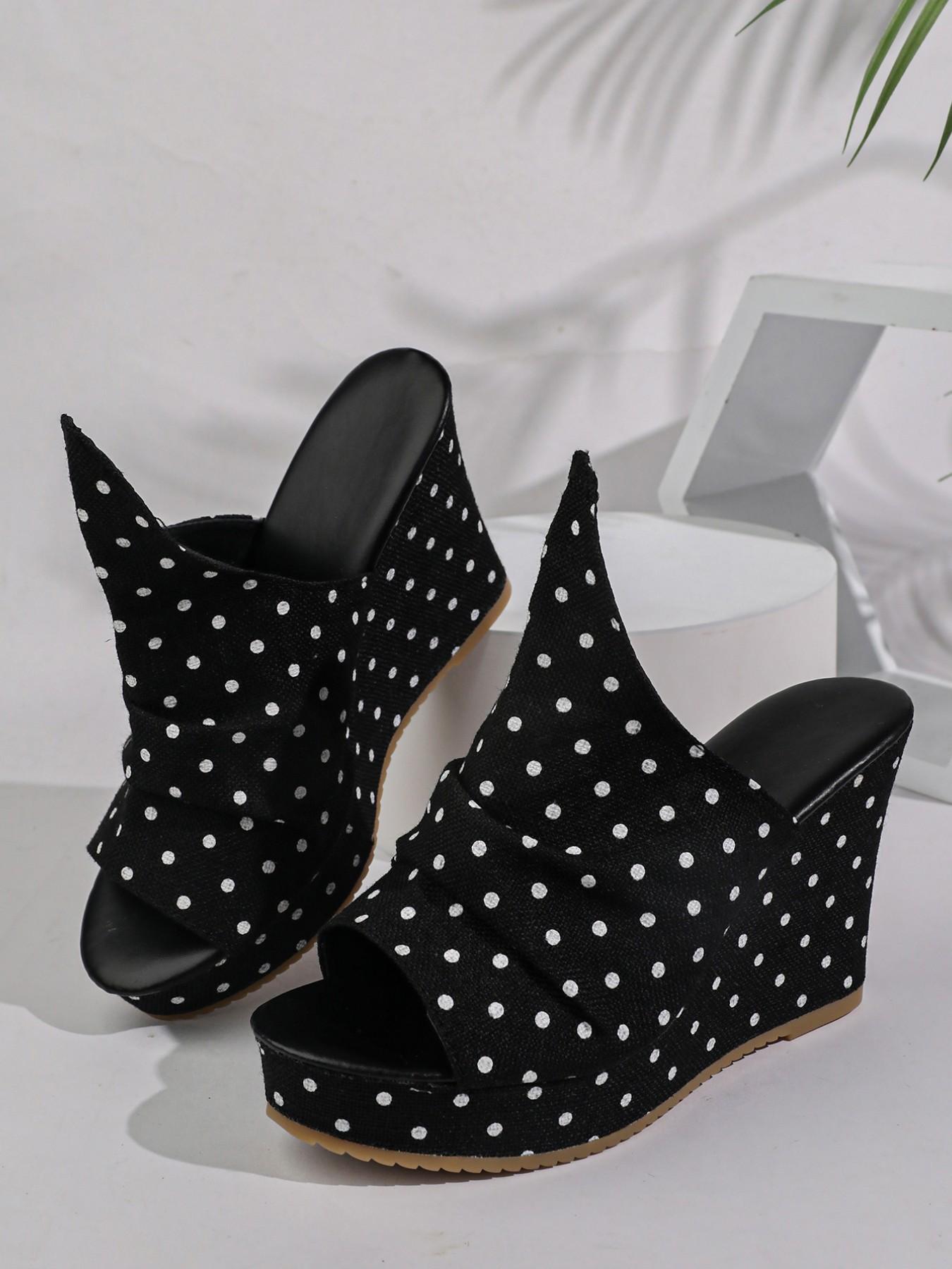 Women's Polka Dot Pleated Wedge Sandals, Waterproof Thick Sole High ...
