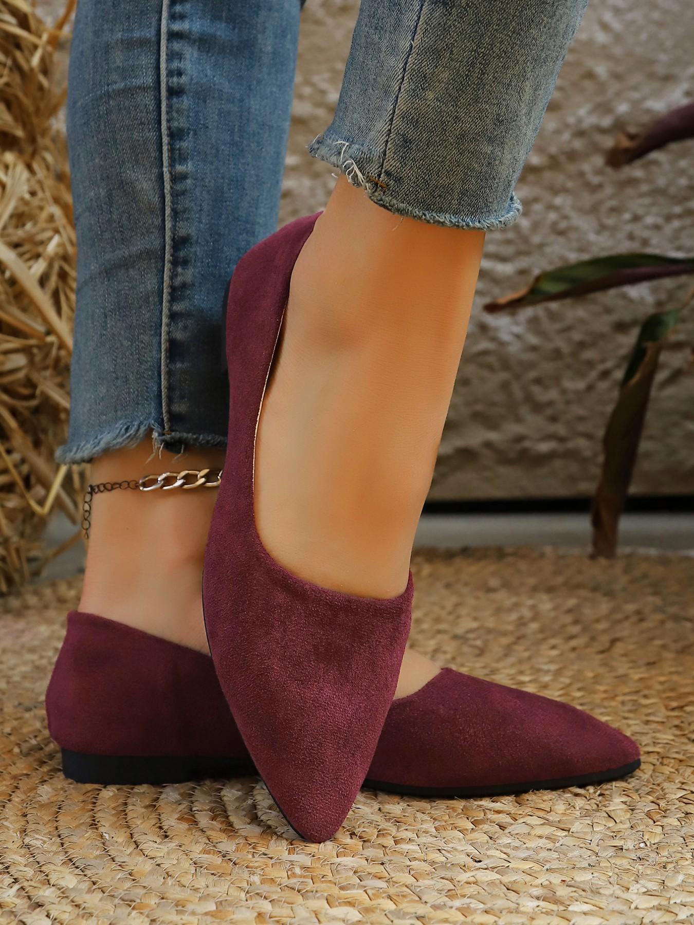 Women's Velvet Pointed Toe Flat Shoes, Low Heel Versatile Soft Sole ...