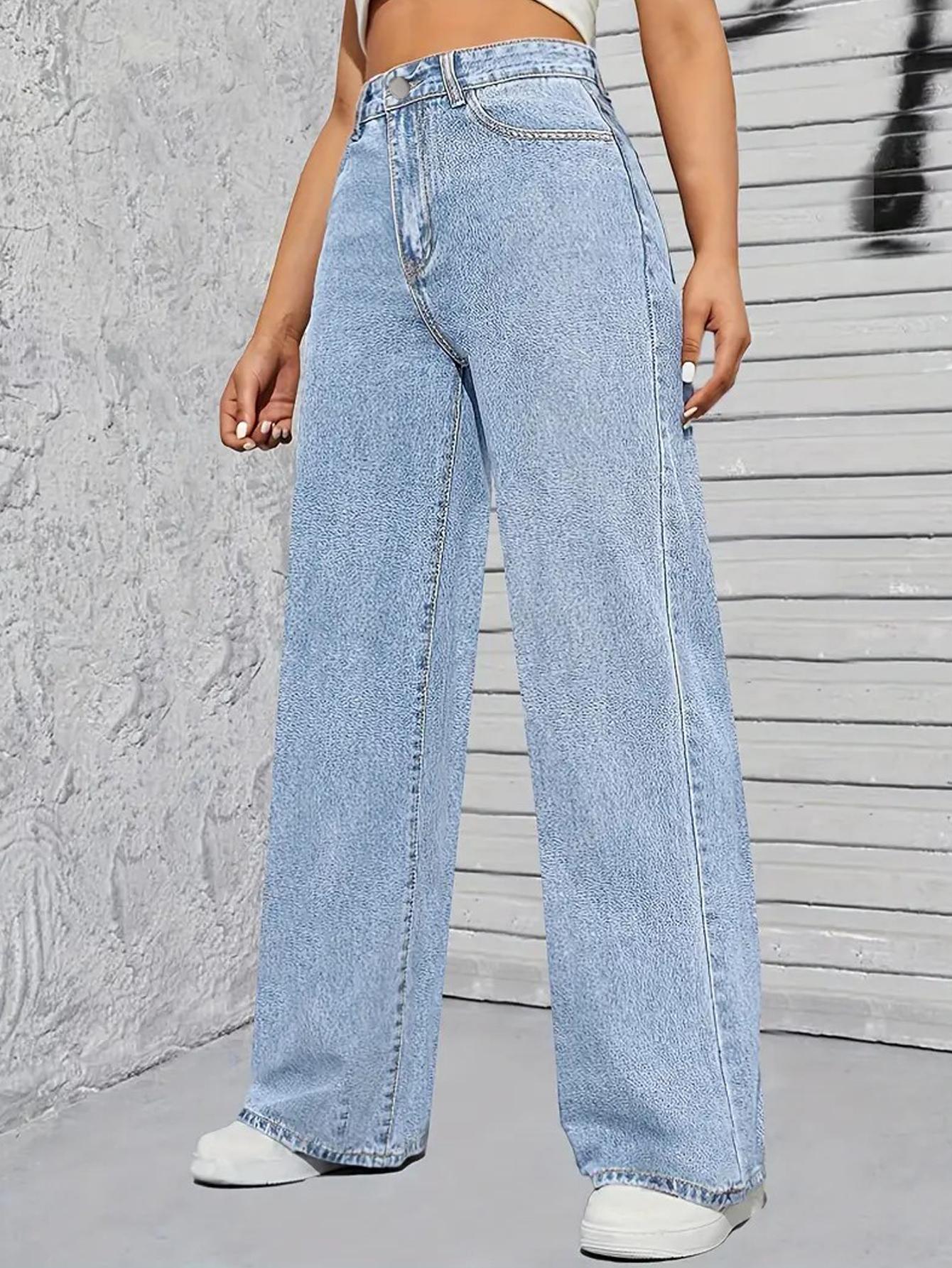 Women's Light Blue Denim Long Pants, Non-Elastic Casual Loose Fit ...