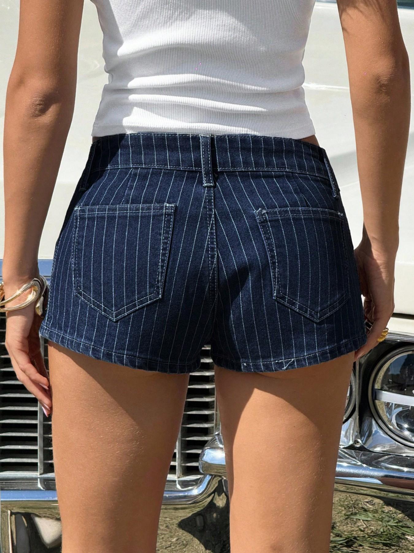 Women's Vintage Striped Denim Button Shorts, Comfy Summer Shorts, OL ...