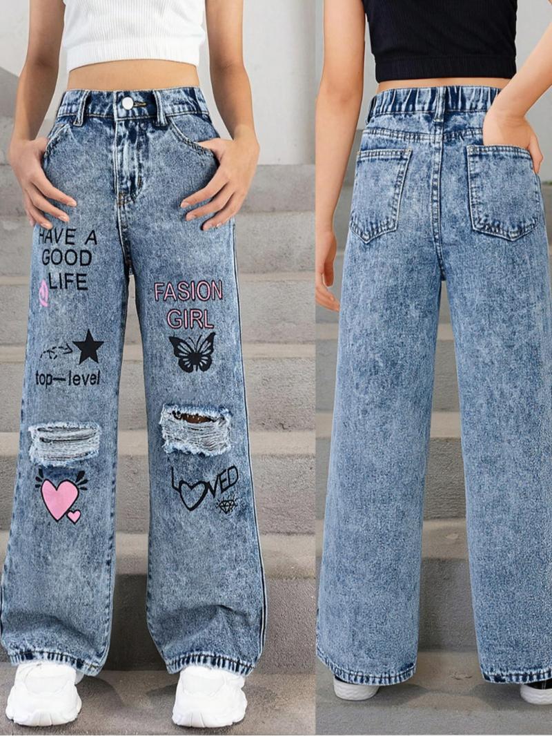 Girls' Snowflake Washed Ripped Pants, Loose Fit with Letter Heart ...