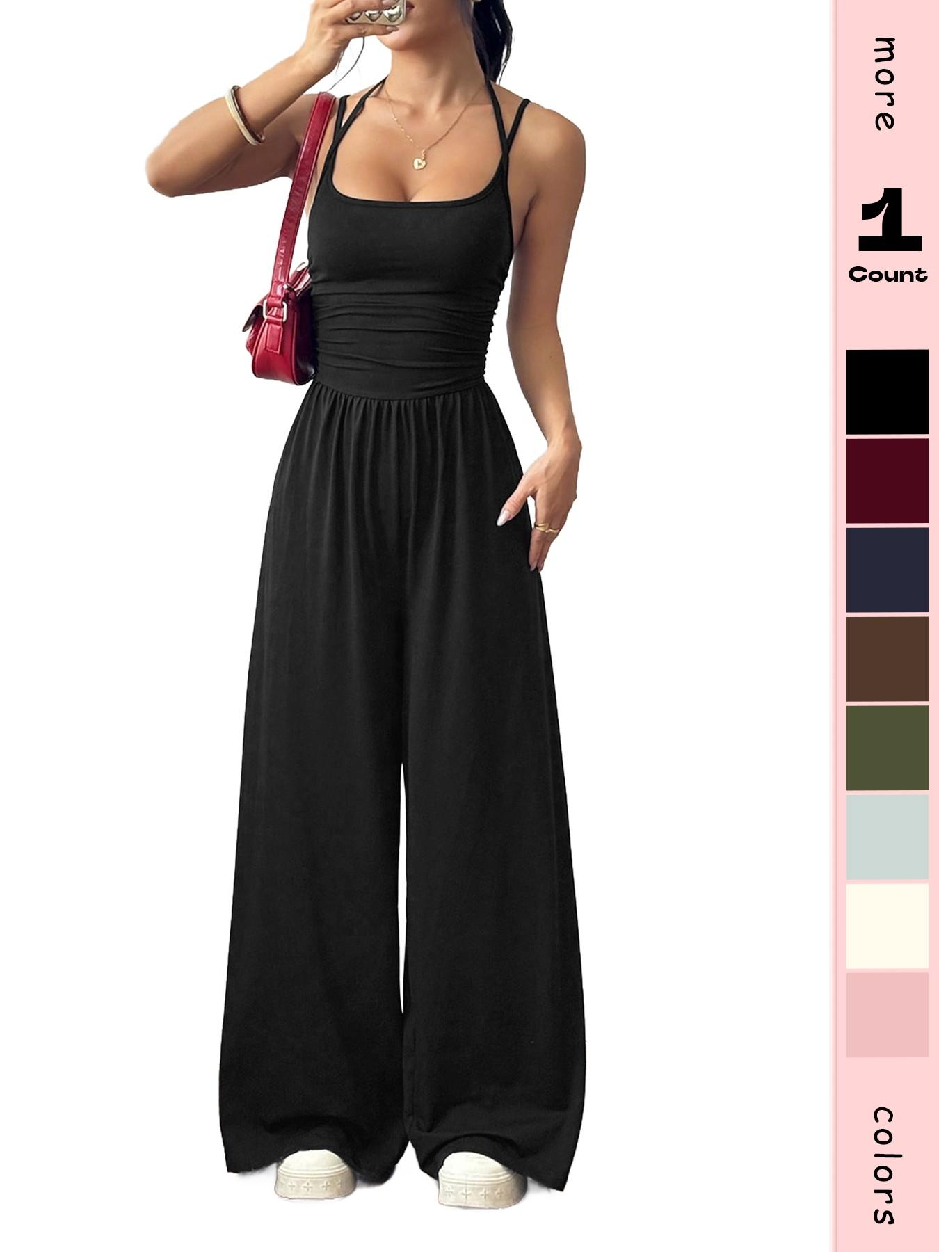 Women's Sexy Thin Strap One-Piece Pants, High Waist Wide Leg Long Pants ...
