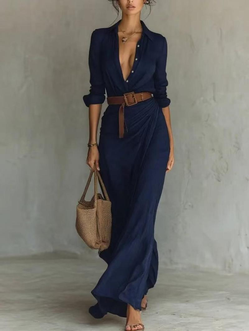Elegant Autumn Dress for Women, Sexy Solid Color Ruched Design ...