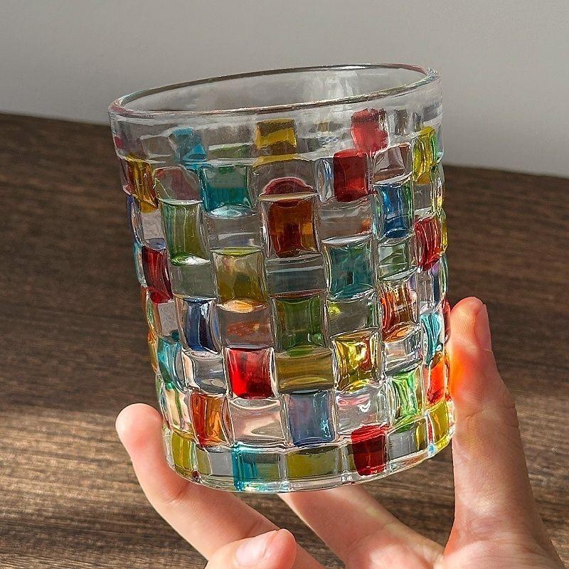 Hand-Painted Glass Cups, Rainbow Color Drinkware, 350ML Whiskey Glasses ...