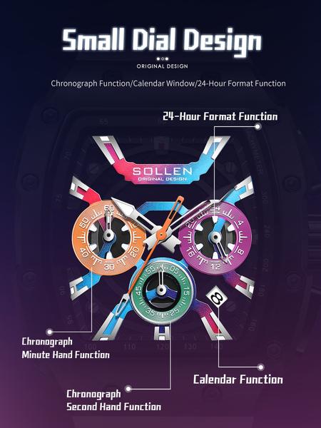 SOLLEN Men's Rainbow Tonneau Watch - Multifunction Day/Date & 24H ...