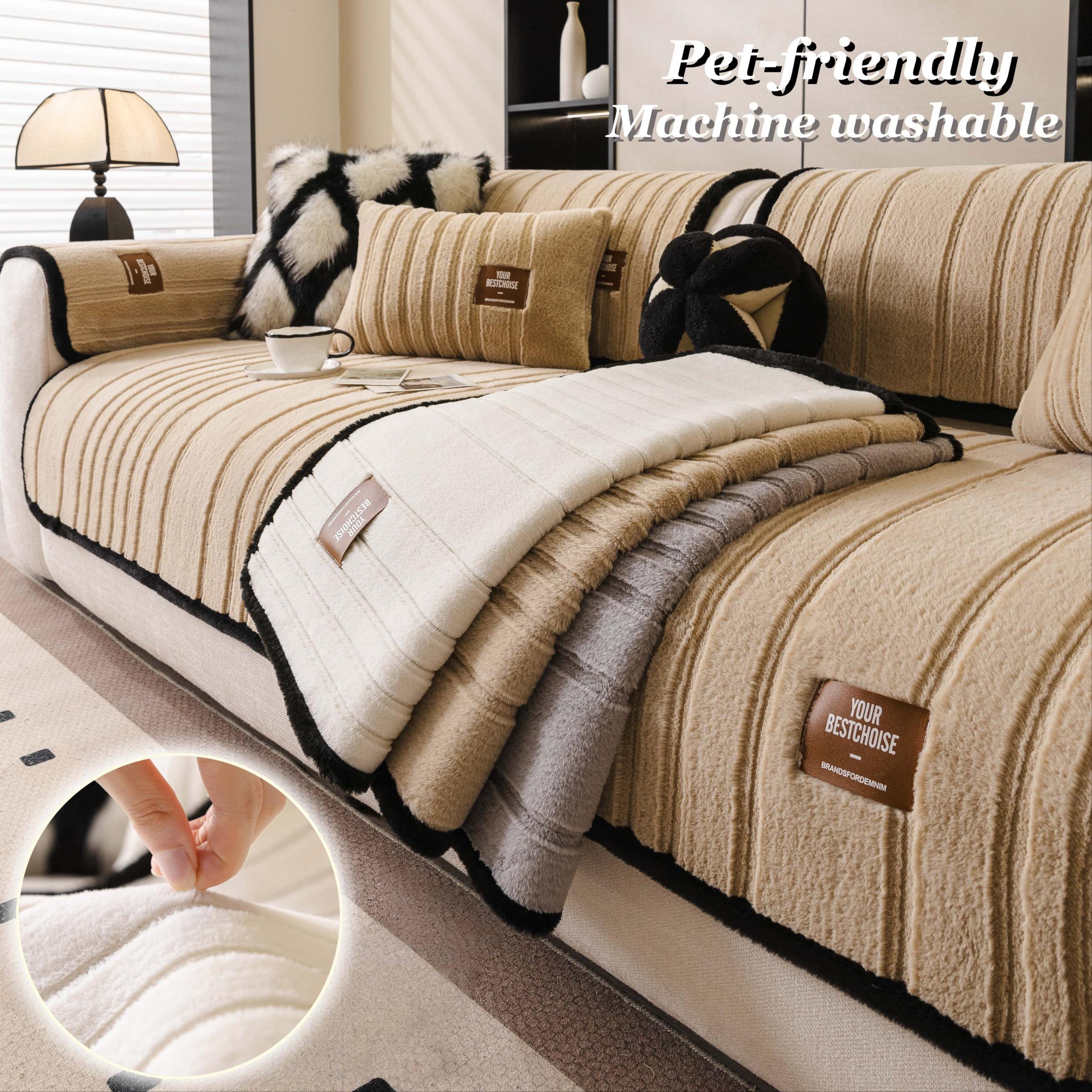 1PC Striped Plush Sofa Cover Pad, Thick Soft Non-Slip Couch Protector ...