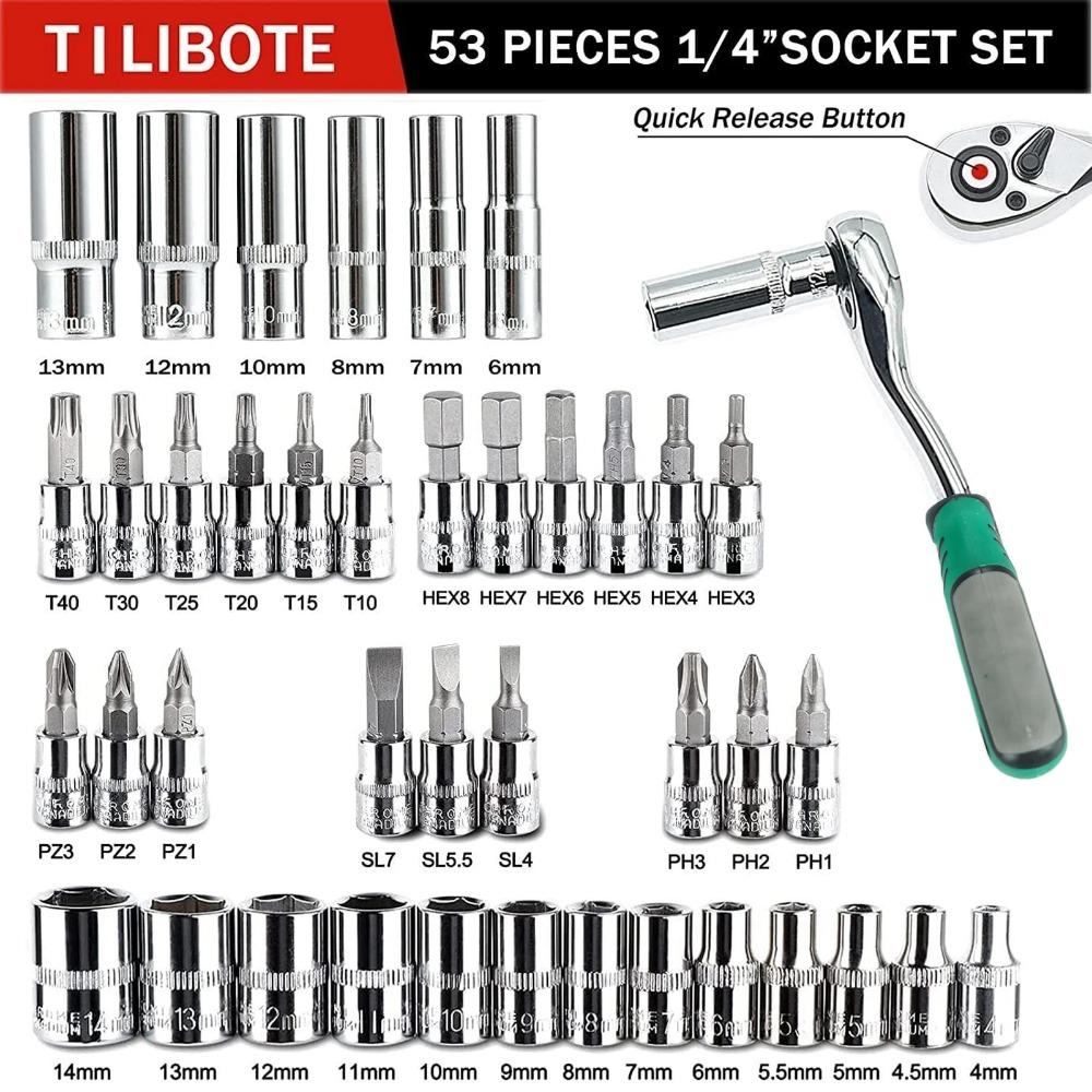 53-in-1 Professional Socket Set: 1/4" Drive High Torque Ratchet, CR-V ...