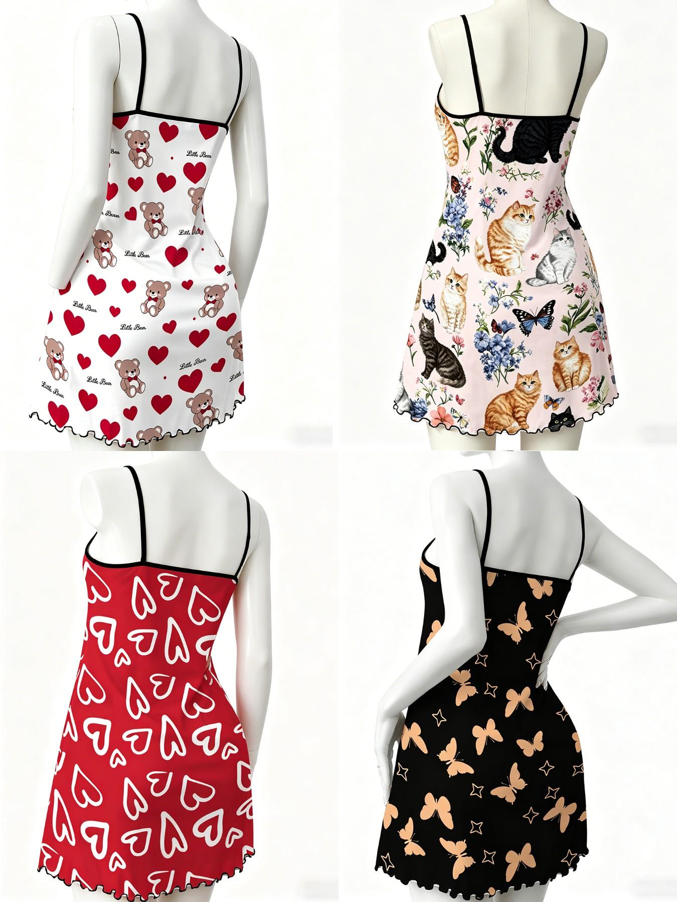 4-Pack Women's Strapless Nightdresses, Cute Cartoon Bear All-Over Print ...