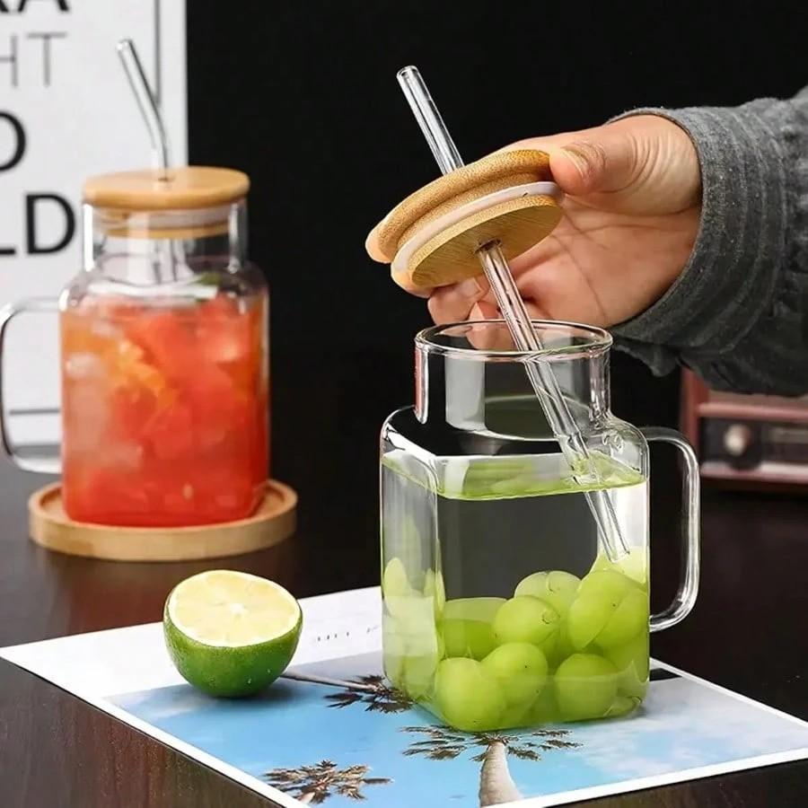 Square Glass Cup, Transparent, Clear Glass Cup, Large Capacity Straw ...