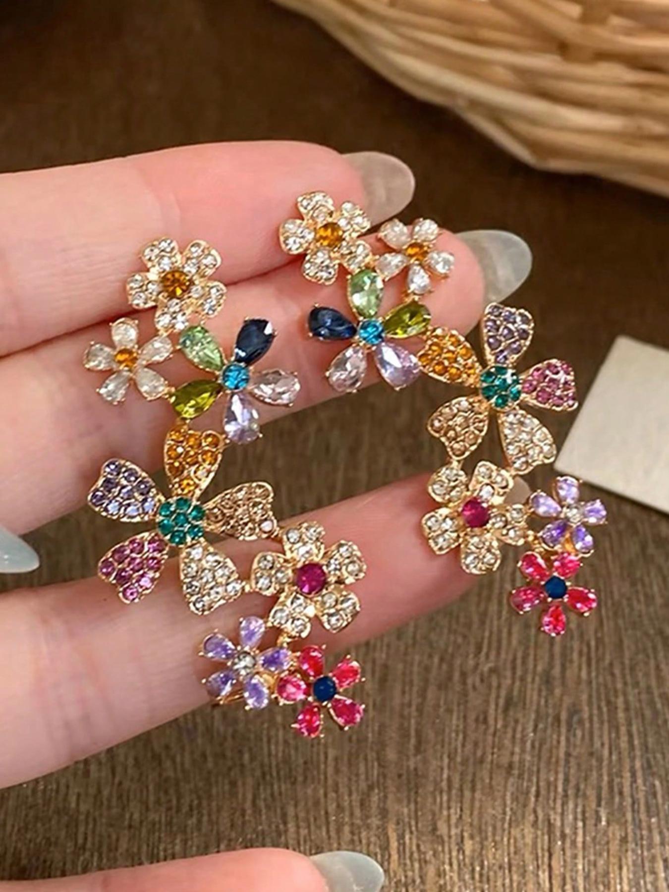 Fashion Sweet Colored Rhinestone Flower Earrings, Clip-On Studs Combo ...
