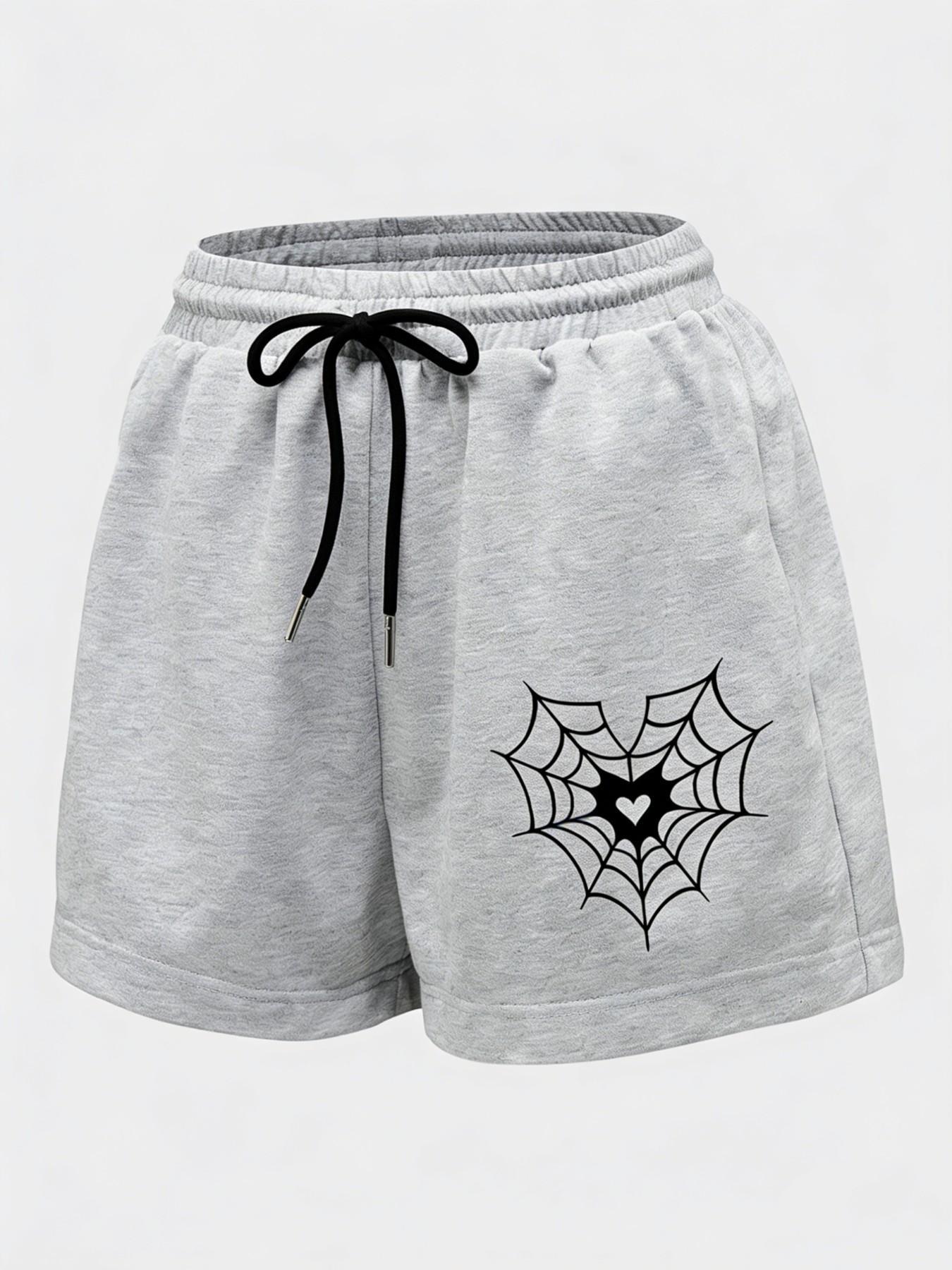 Heathered Gray Heart Spider Web Print Casual Sweat Shorts, Graphic ...