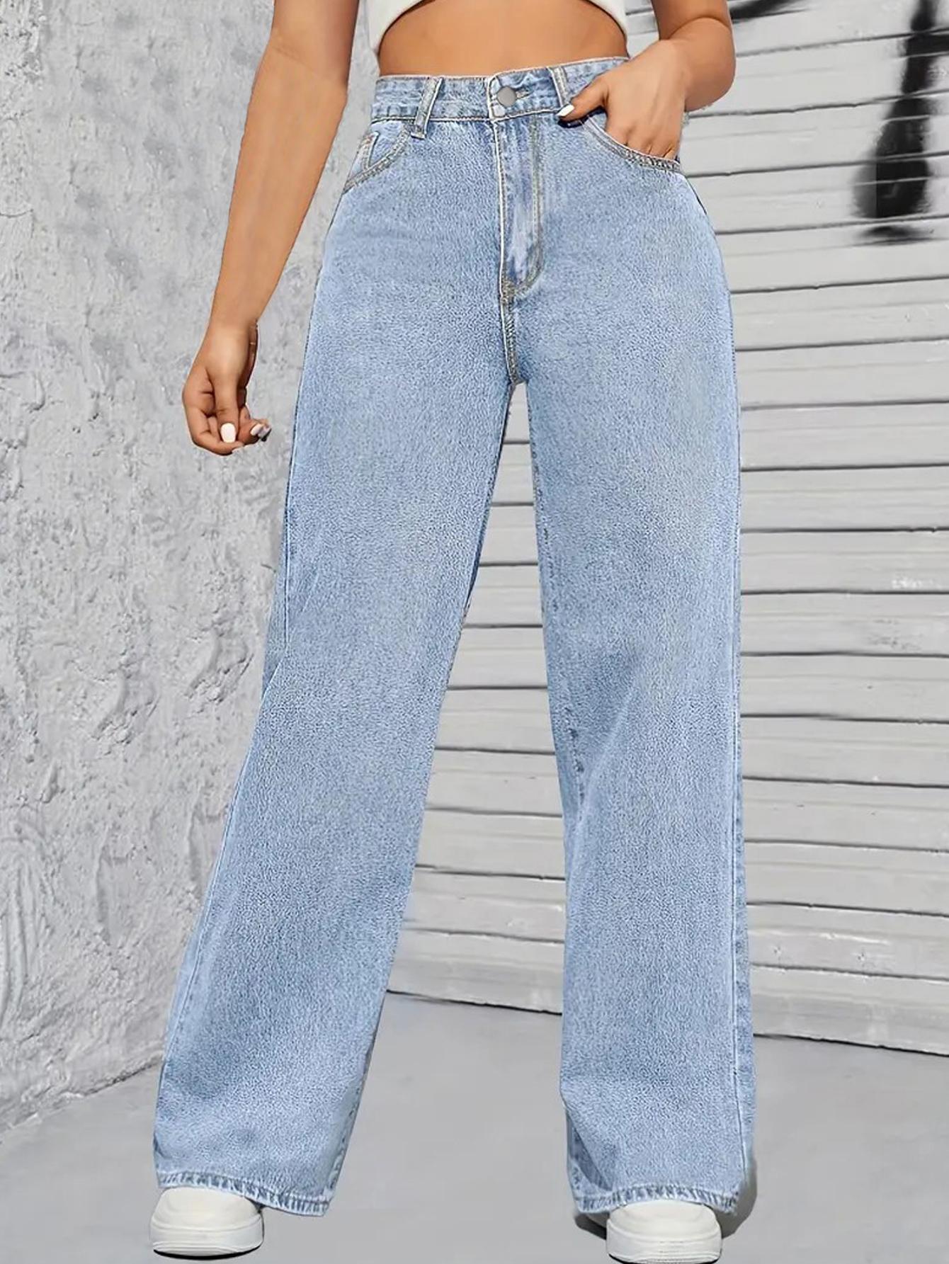 Women's Light Blue Denim Long Pants, Non-Elastic Casual Loose Fit ...