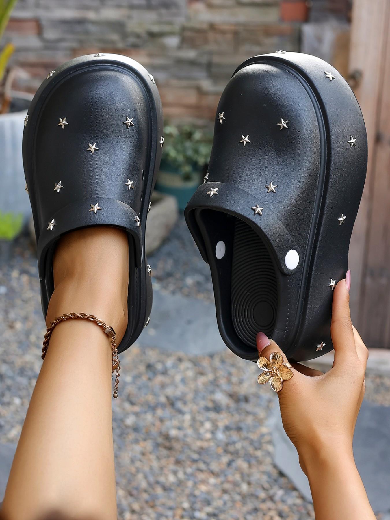 Star Thick Sole Holey Slippers, Casual PU Upper Rubber Sole, Plain ...