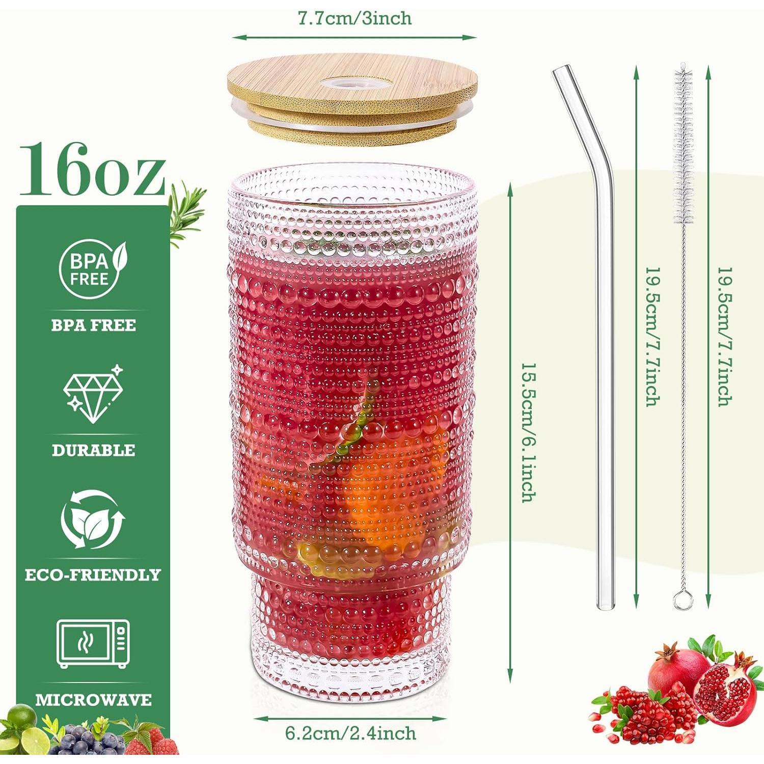 16 Oz Glass Cups with and Straws, Embossed Glassware for , Iced Coffee ...