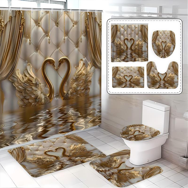 Elegant Swan Design Shower Curtain Set, Includes Bath Mat Toilet Lid ...